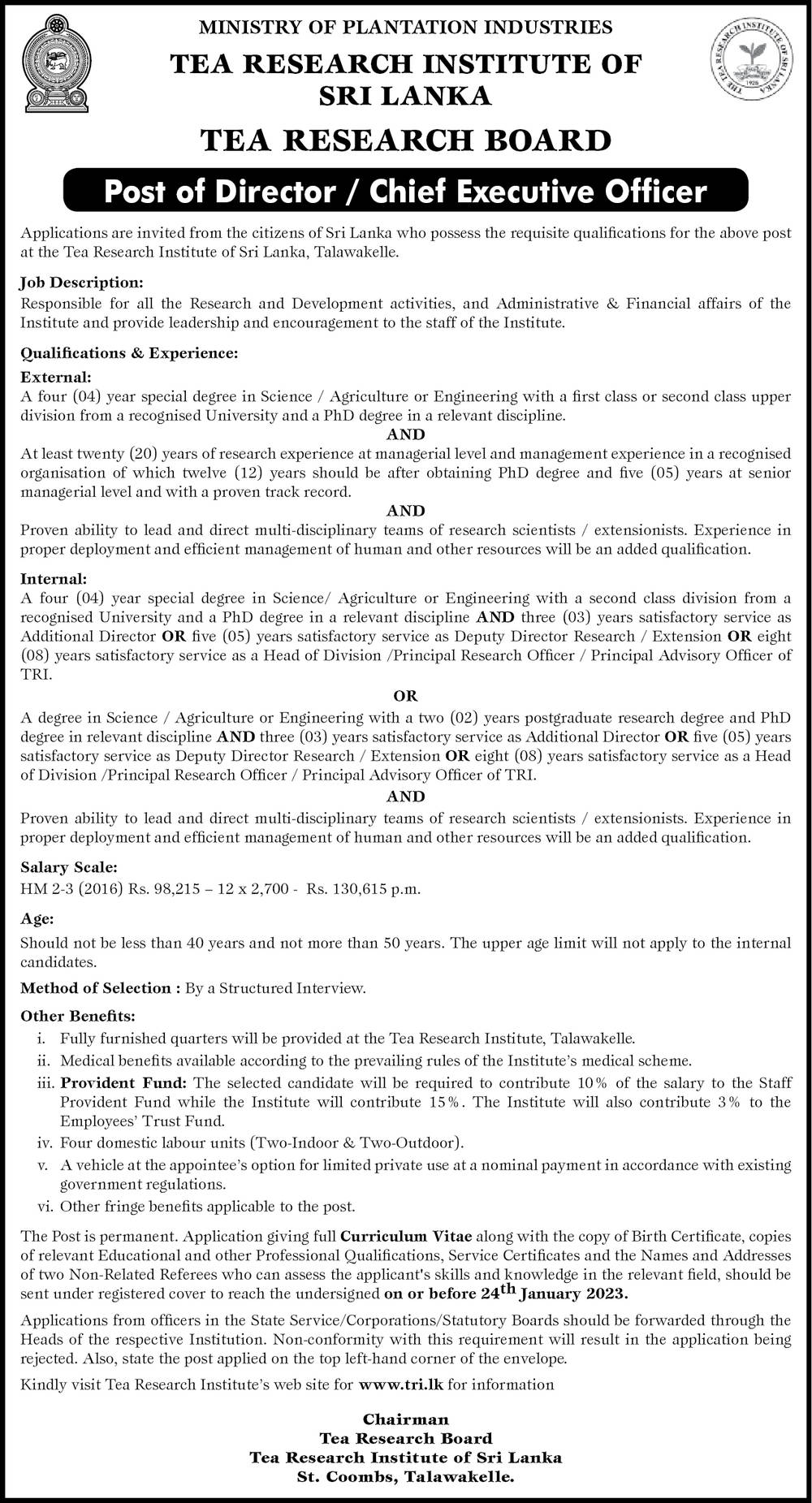 Director/Chief Executive Officer - Tea Research institute of Sri Lanka