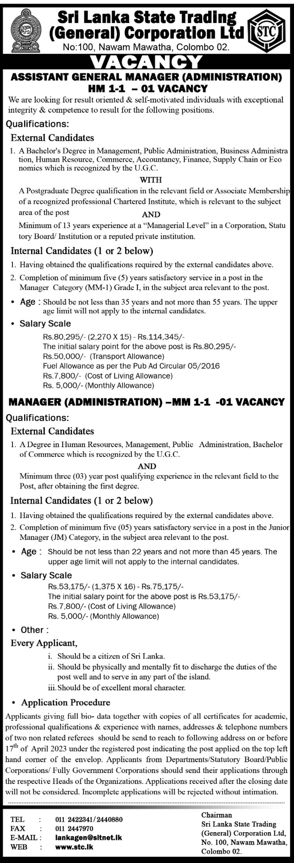Assistant General Manager (Administration),Manager (Administration ...