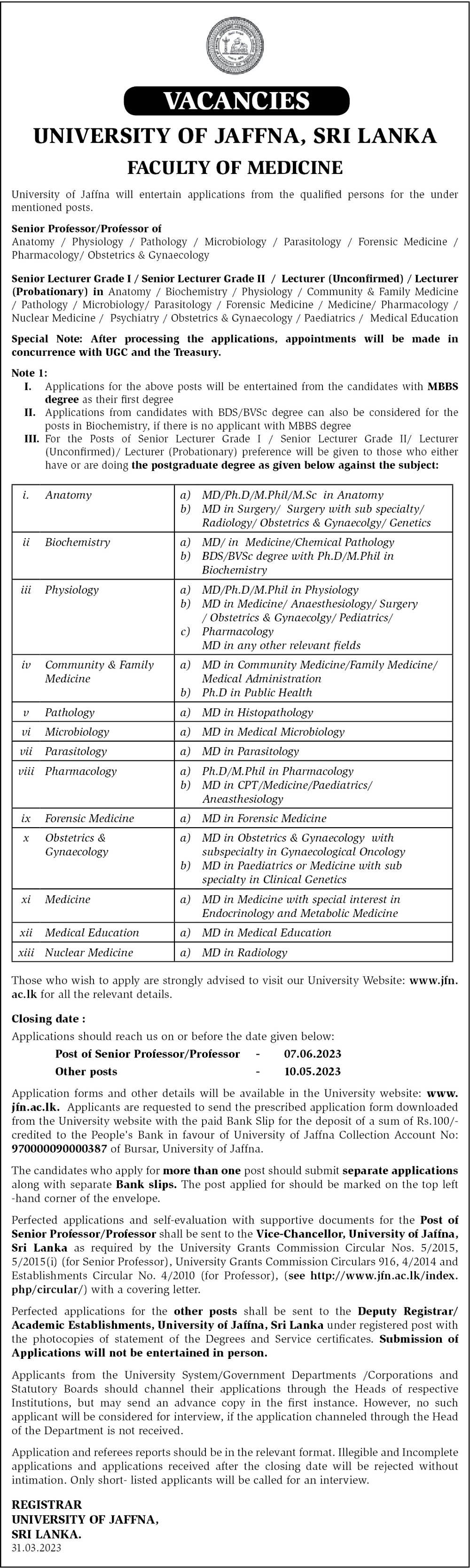 Senior Professor,Professor,Senior Lecturer,Lecturer - University of Jaffna
