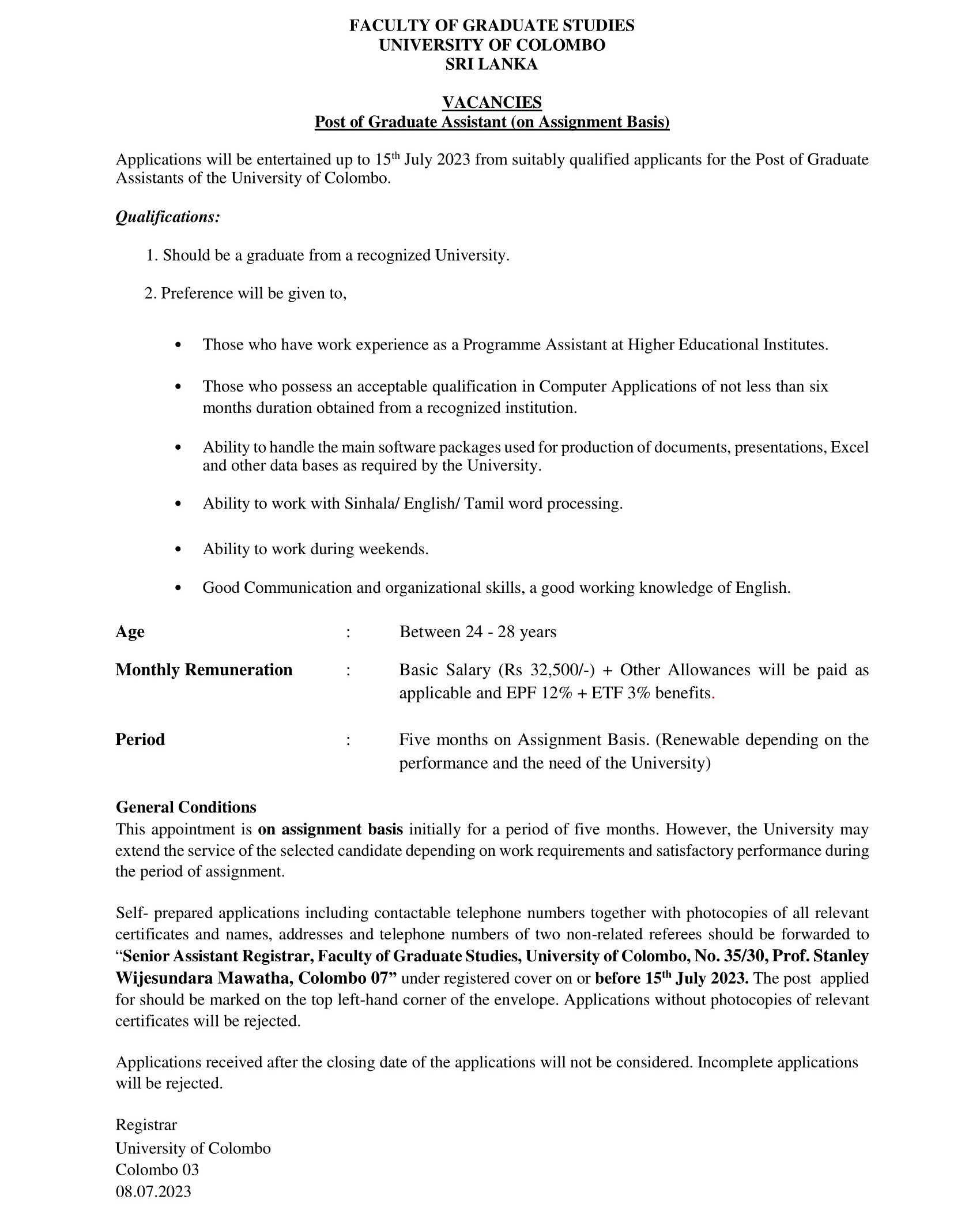 Graduate Assistant - University of Colombo Graduate Assistant - University of Colombo
