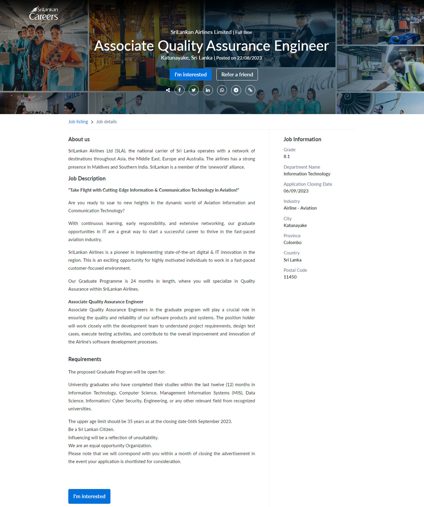 Associate Quality Assurance Engineer, Associate Data Science Engineer - SriLankan Airlines Ltd