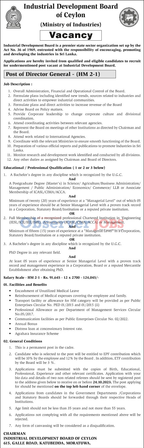 Director General - Industrial Development Board of Ceylon