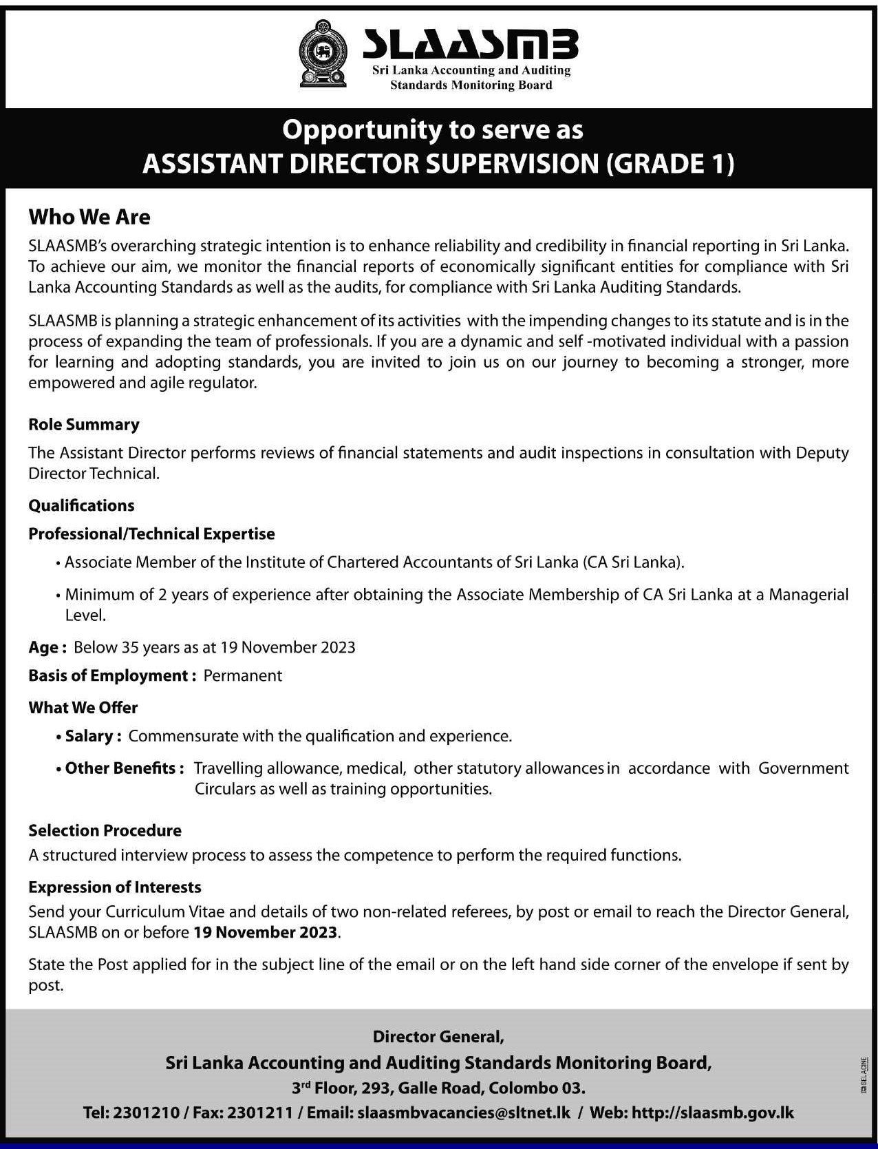 Assistant Director (Supervision) - Sri Lanka Accounting & Auditing ...