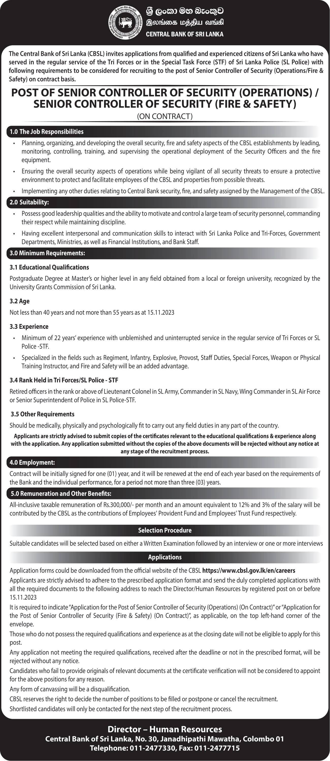 Senior Controller of Security (Operations), Senior Controller of ...