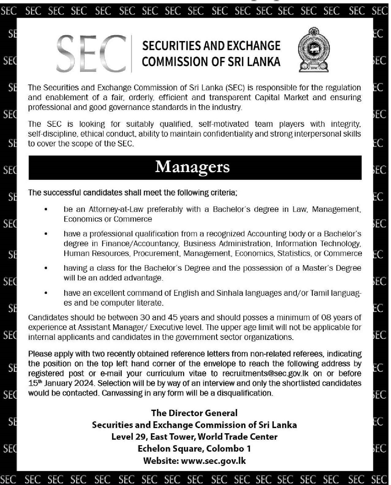 Manager - Securities & Exchange Commission of Sri Lanka Manager - Securities & Exchange Commission of Sri Lanka