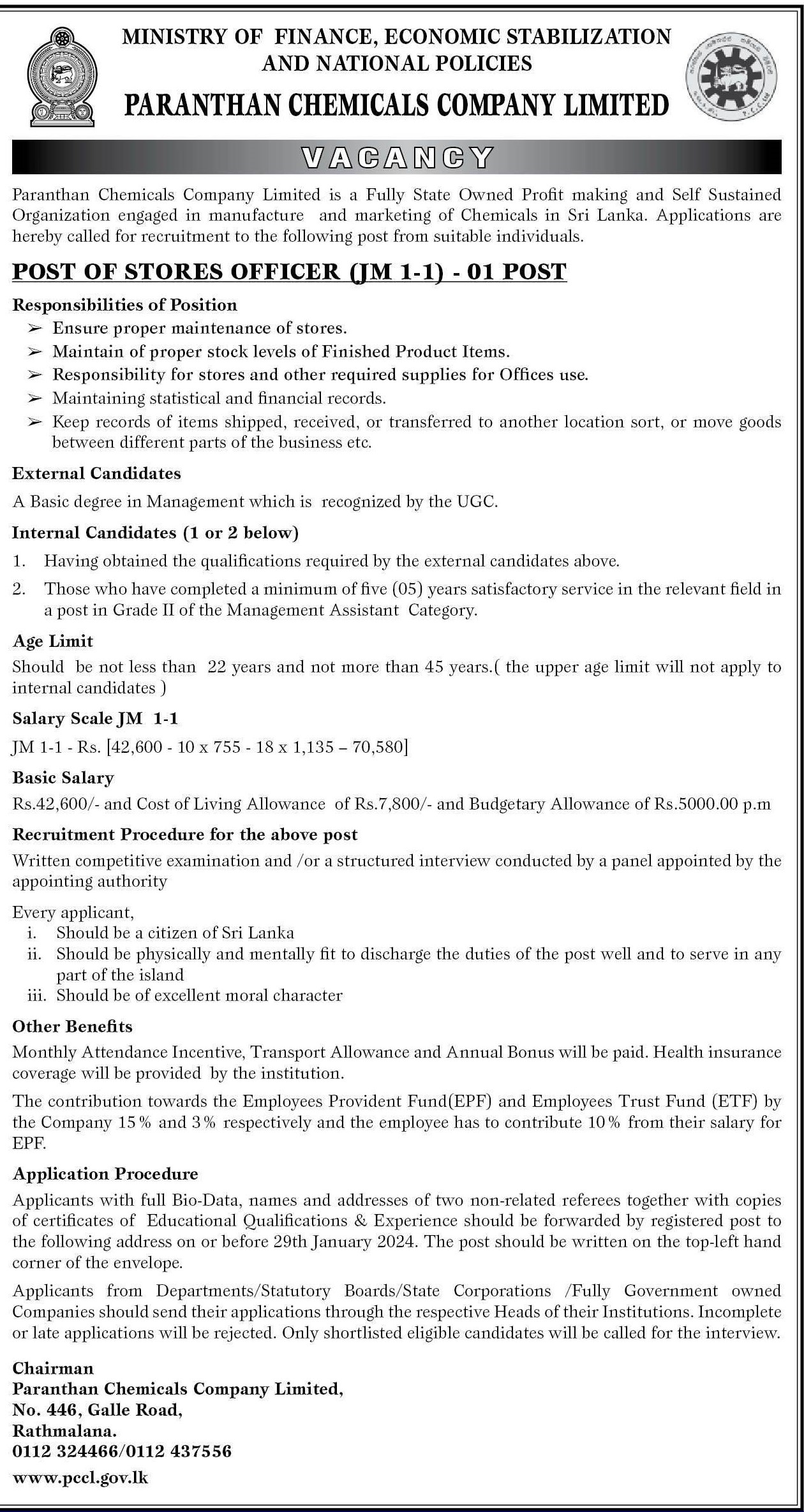 Stores Officer - Paranthan Chemicals Company Limited