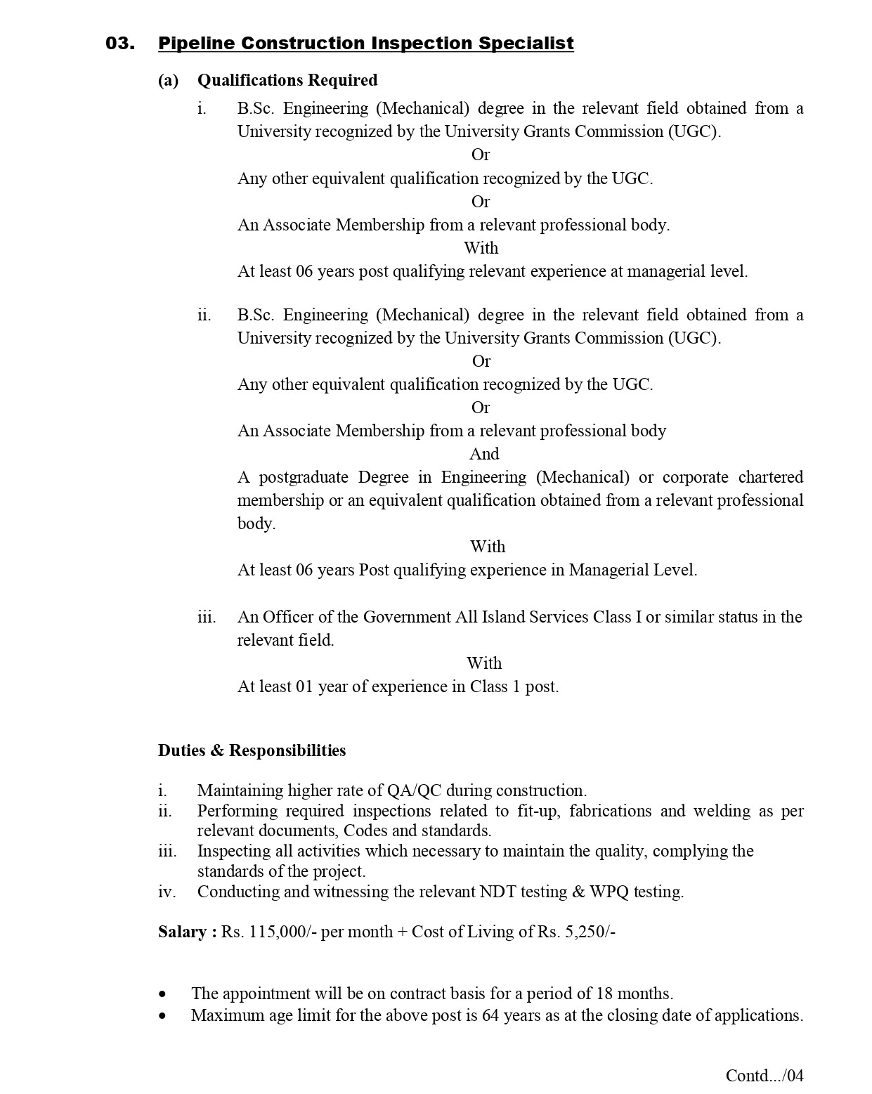 Senior Quantity Surveyor, Project Secretary, Pipeline Construction Inspection Specialist ...