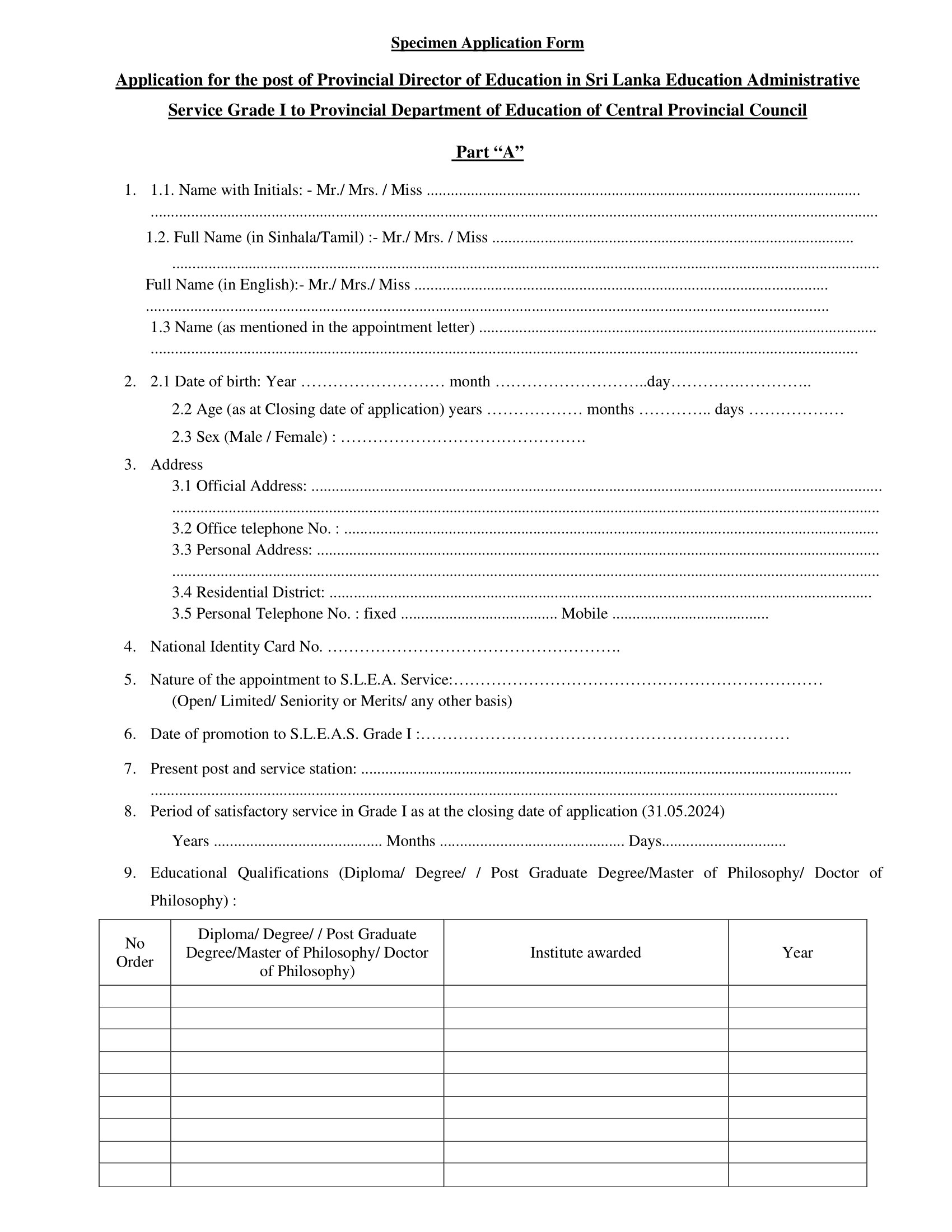 Provincial Director of Education - Department of Education of Central ...