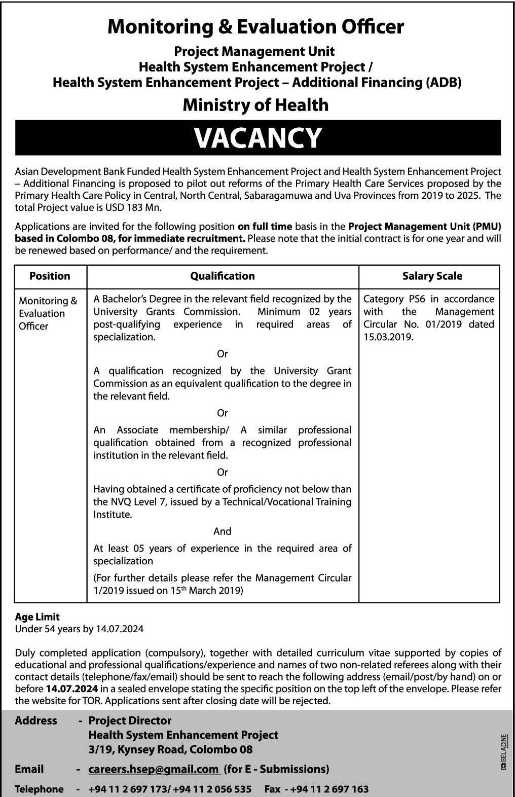 Monitoring & Evaluation Officer - Health System Enhancement Project