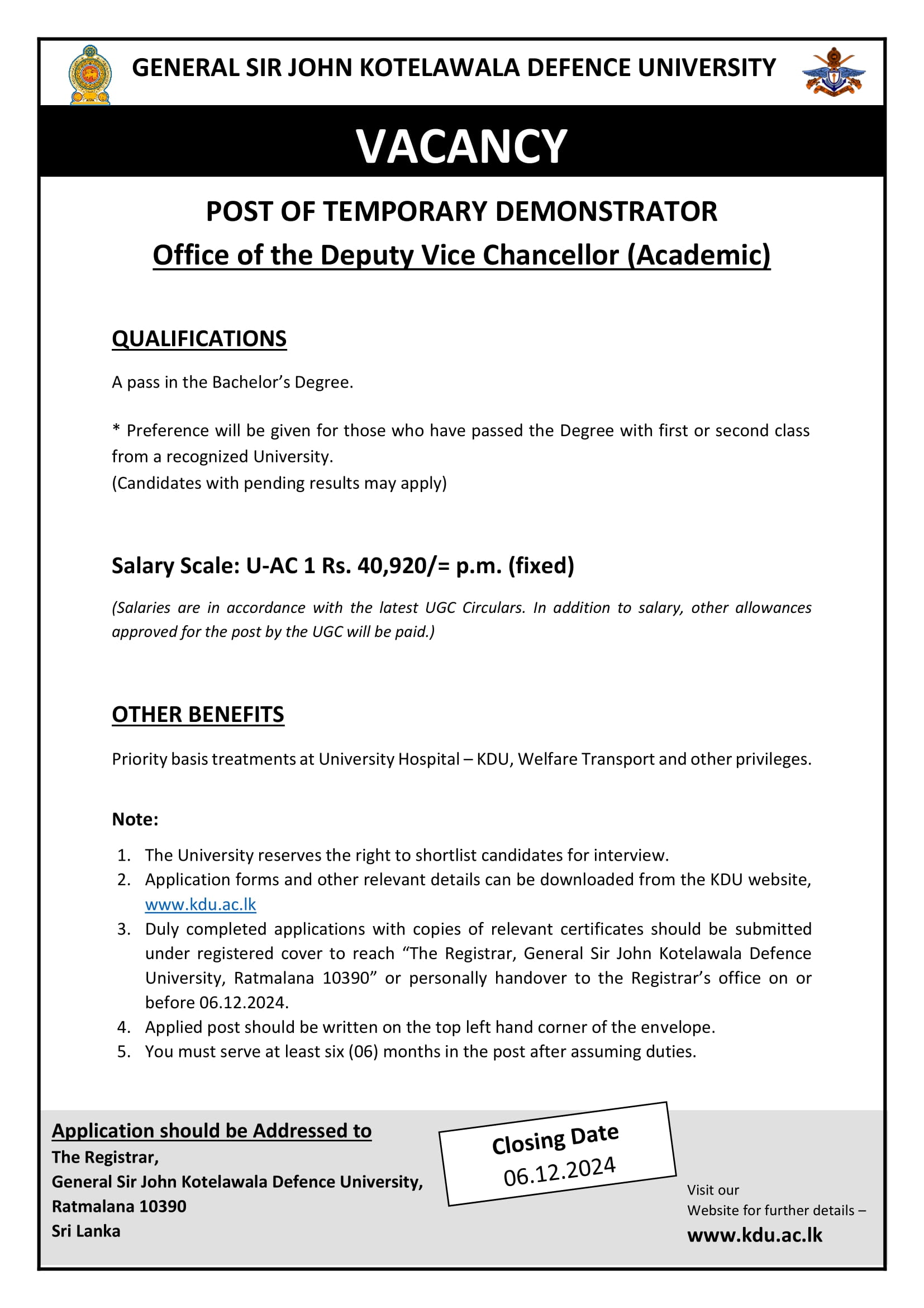 Temporary Demonstrator - General Sir John Kotelawala Defence University