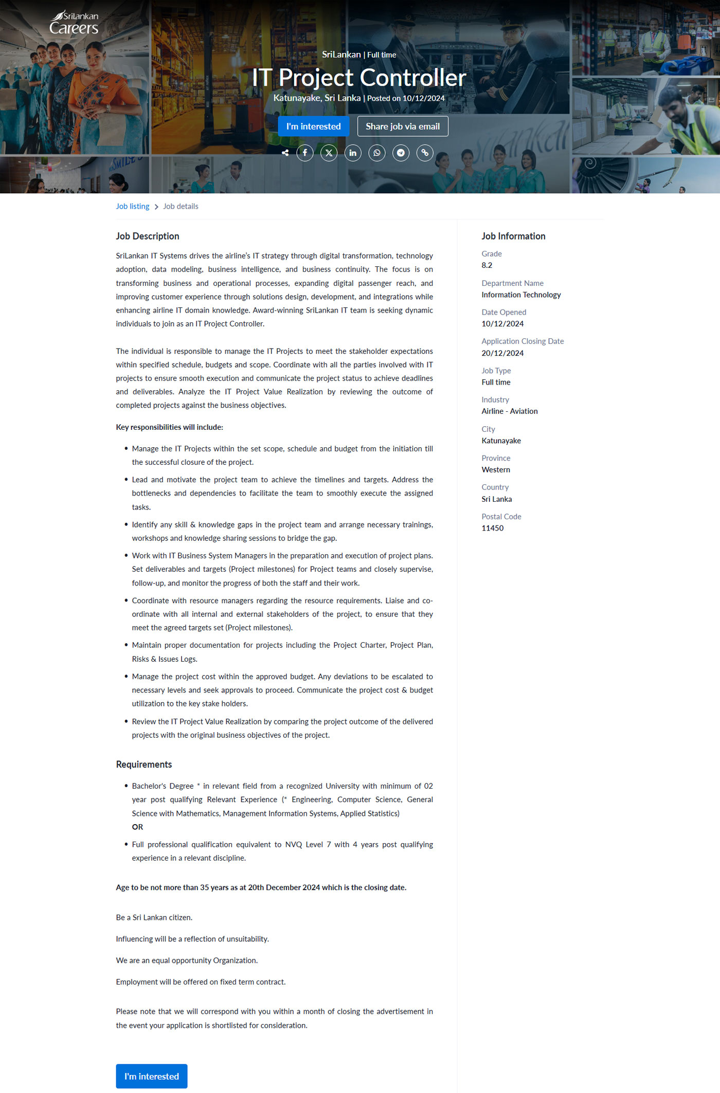 IT Project Controller, Senior Systems Engineer - SriLankan Airlines Limited