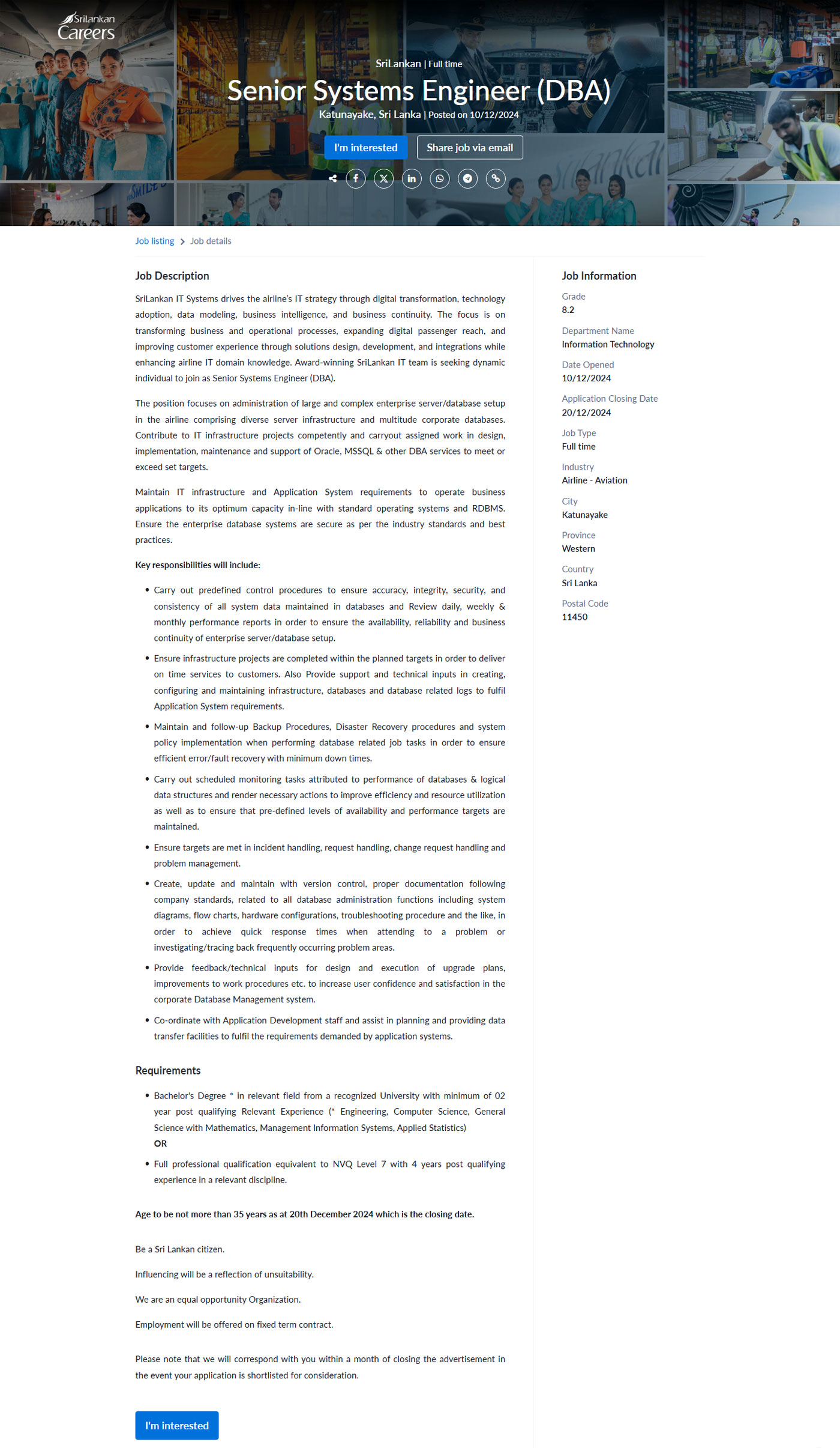 IT Project Controller, Senior Systems Engineer - SriLankan Airlines Limited