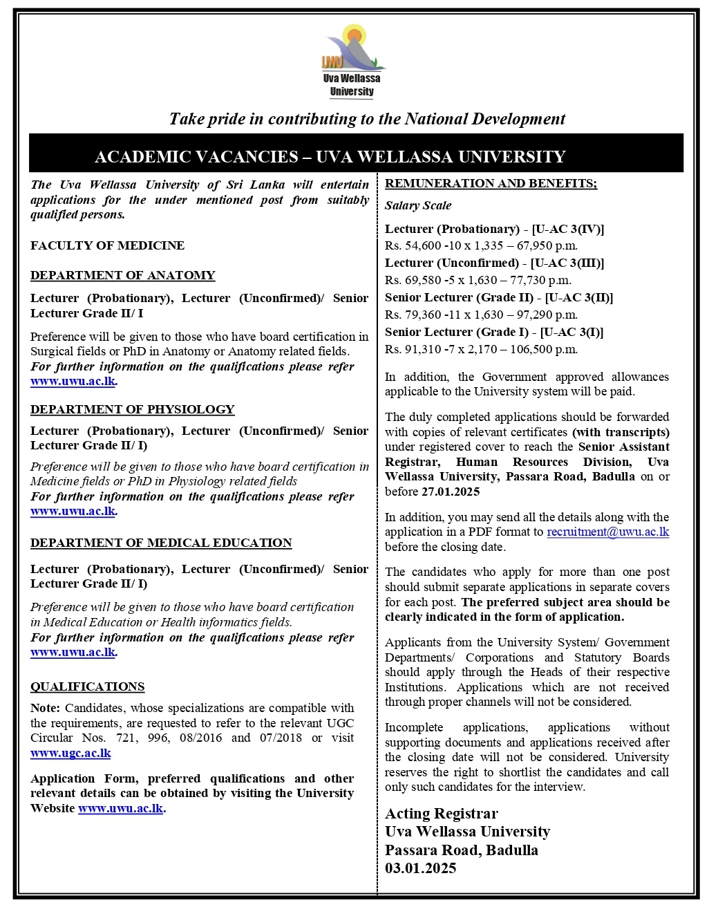 Lecturer, Senior Lecturer - Uva Wellassa University