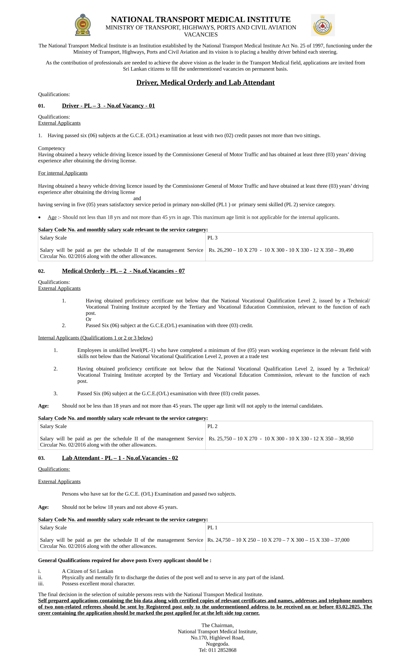 Driver, Medical Orderly, Lab Attendant - National Transport Medical ...