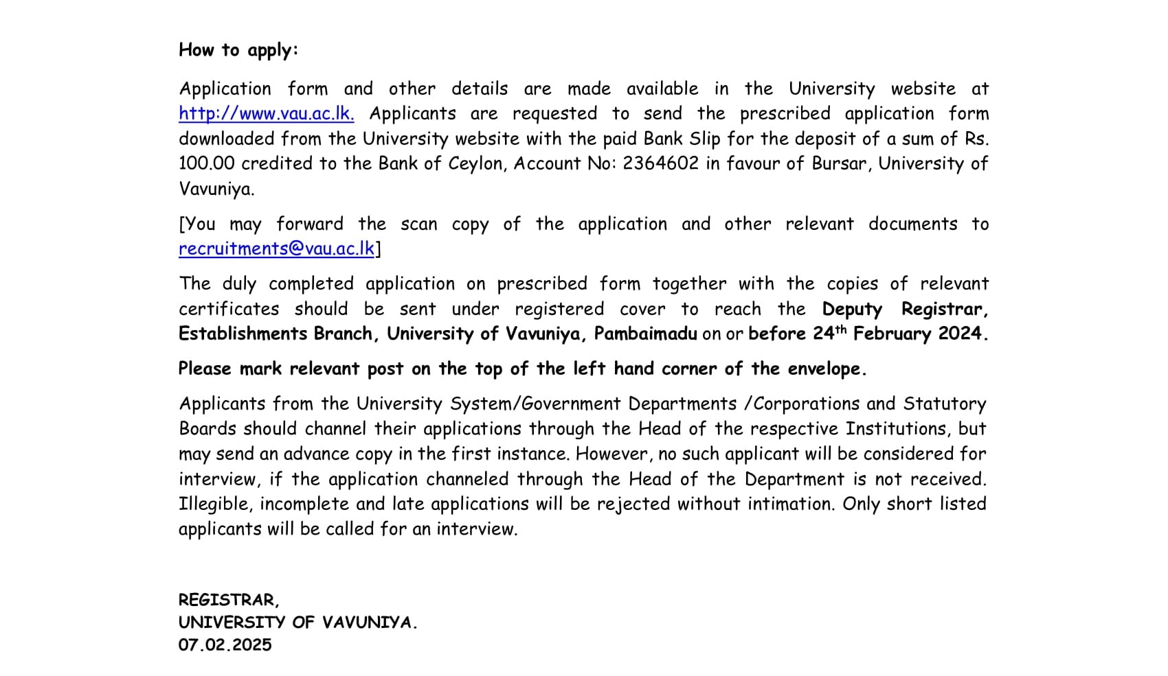 Assistant Internal Auditor University Of Vavuniya
