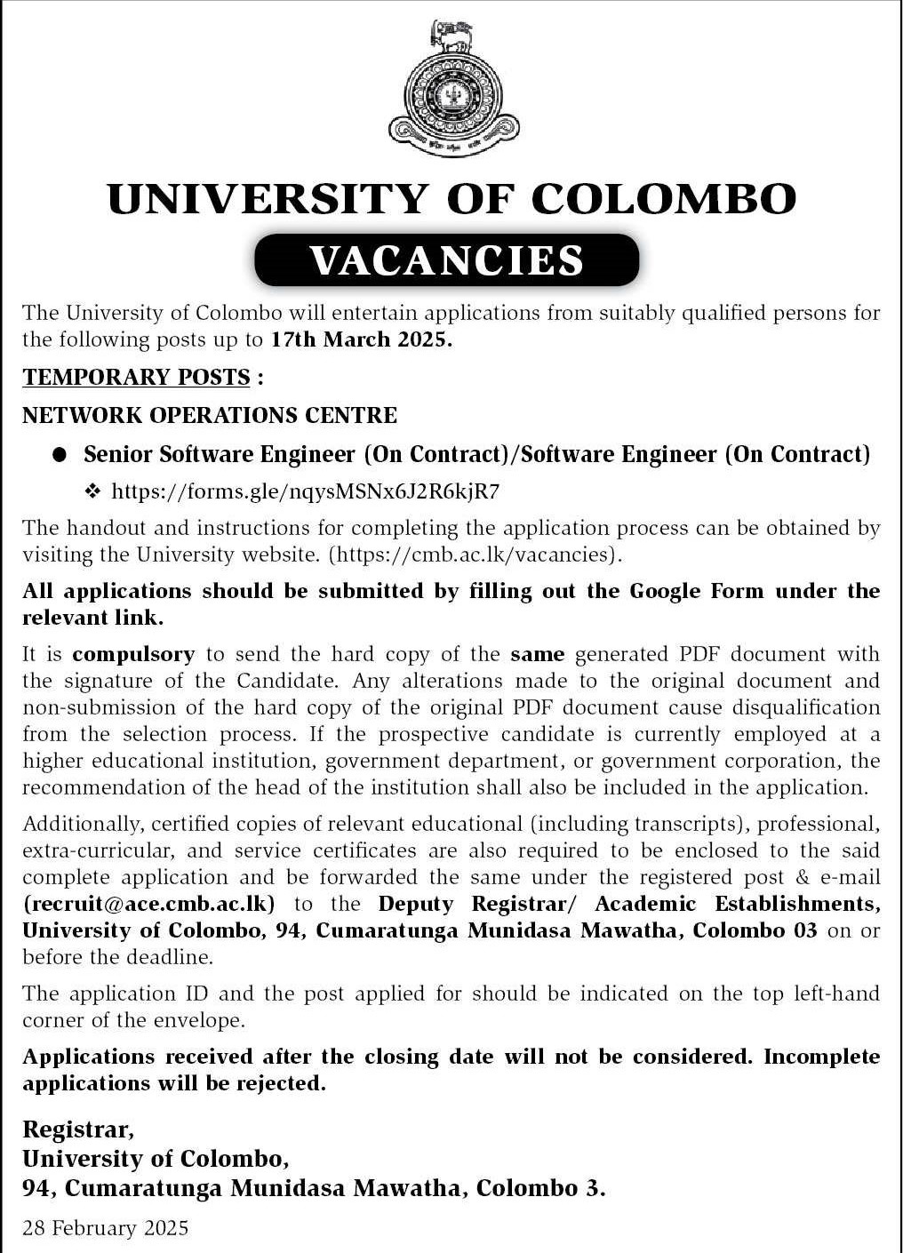 Senior Software Engineer/Software Engineer - University of Colombo