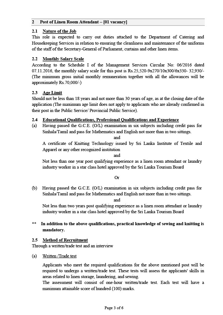 Supervisor/Bill Clerk, Linen Room Attendant, Garden Maintenance ...