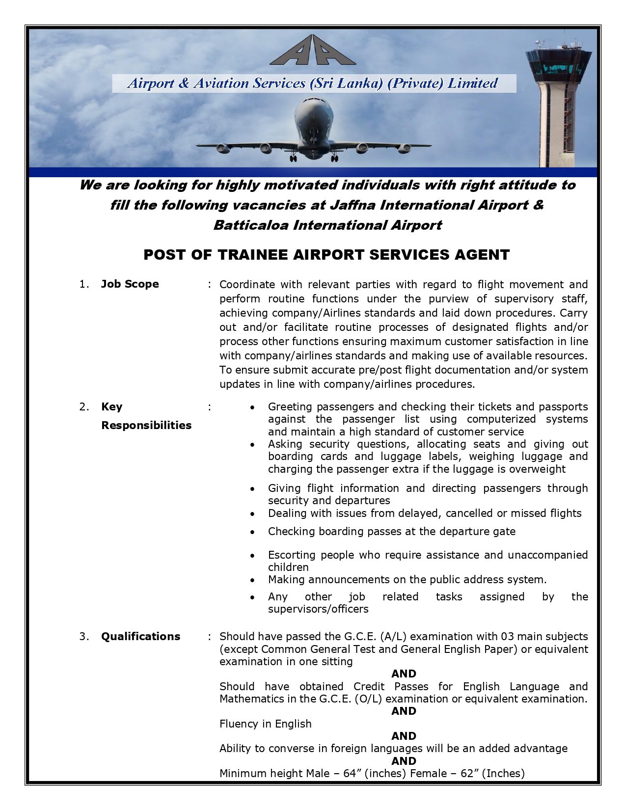 Trainee Airport Services Agent - Airport & Aviation Services (Sri Lanka ...