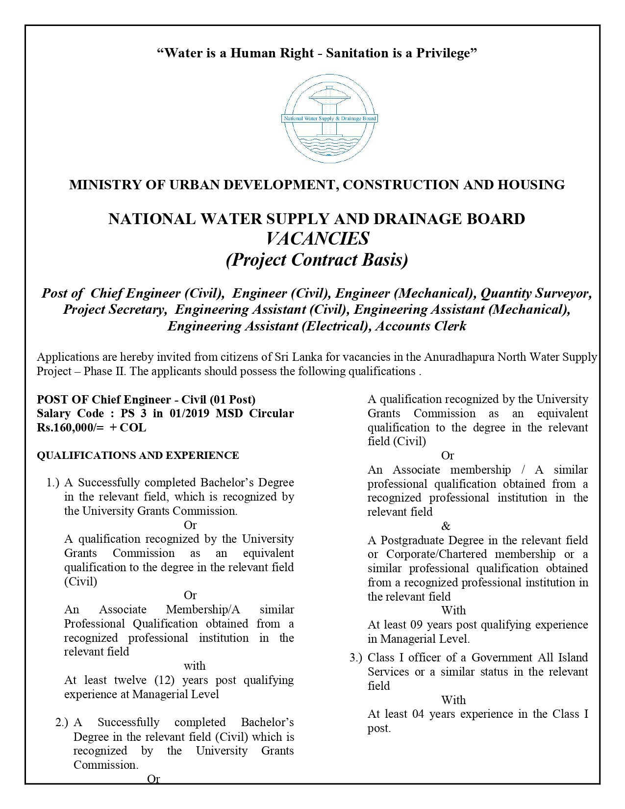 Chief Engineer, Engineer (Civil, Mechanical), Engineering Assistant (Civil - National Water ...