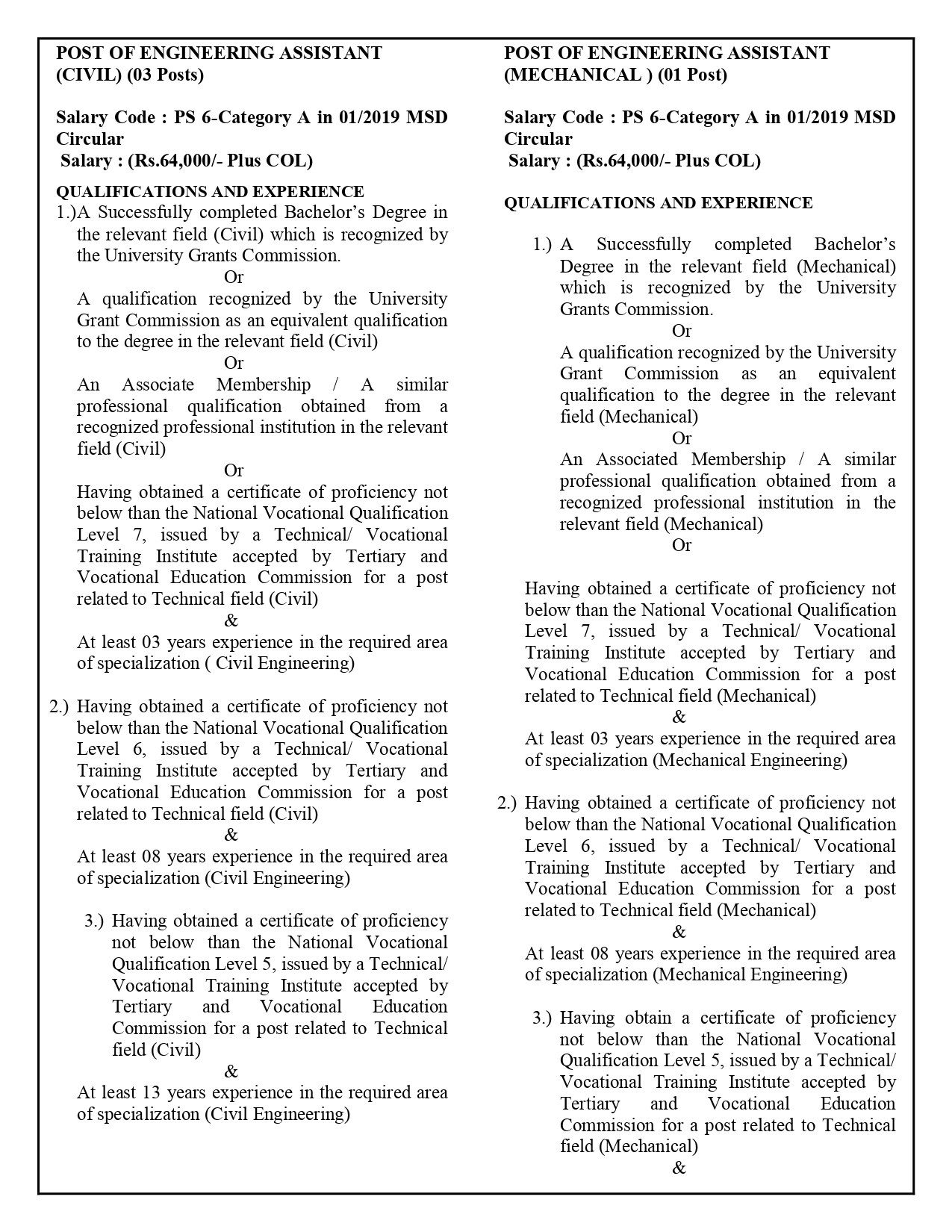 Chief Engineer, Engineer (Civil, Mechanical), Engineering Assistant (Civil - National Water ...