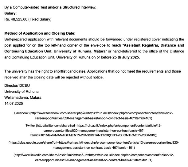 Management Assistant - University of Ruhuna