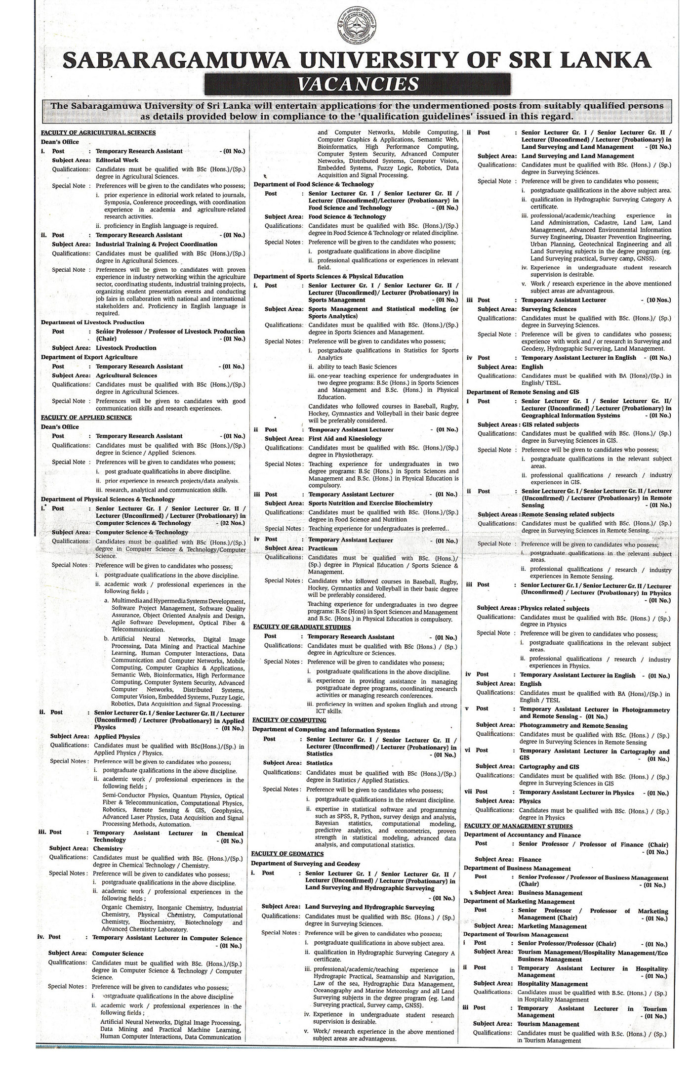 Professor, Lecturer, Assistant Librarian, Chief Marshal - Sabaragamuwa University of Sri Lanka