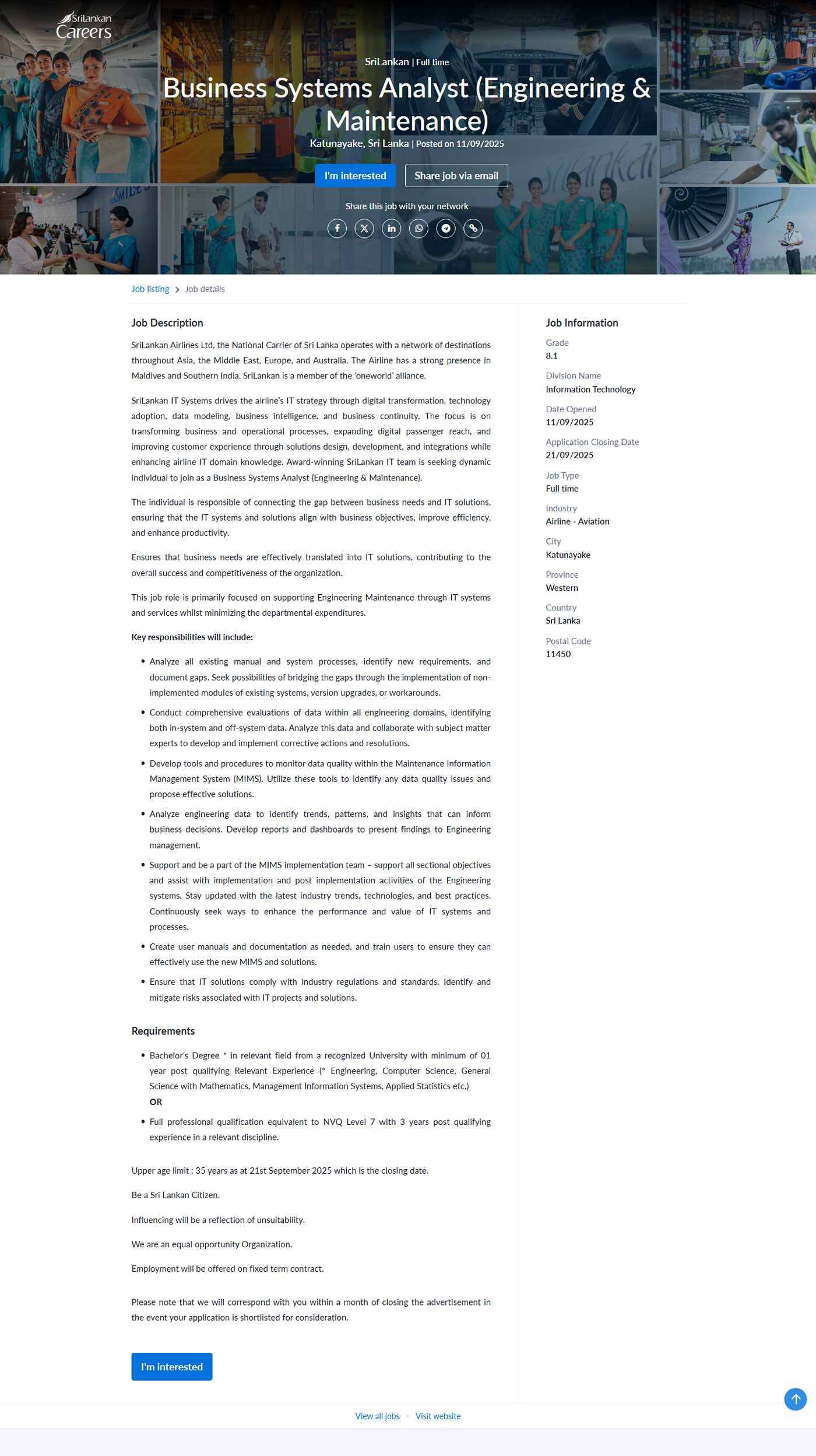 Business Systems Analyst (Engineering & Maintenance) - Sri Lankan ...