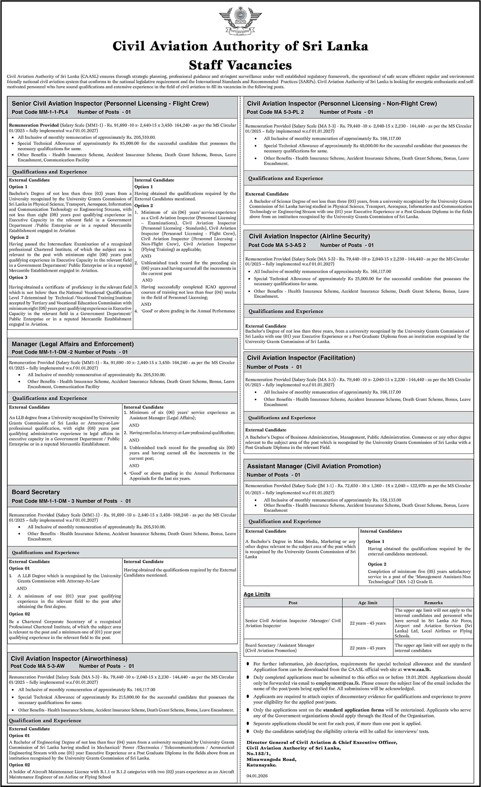 Senior Civil Aviation Inspector, Manager, Board Secretary - Civil ...