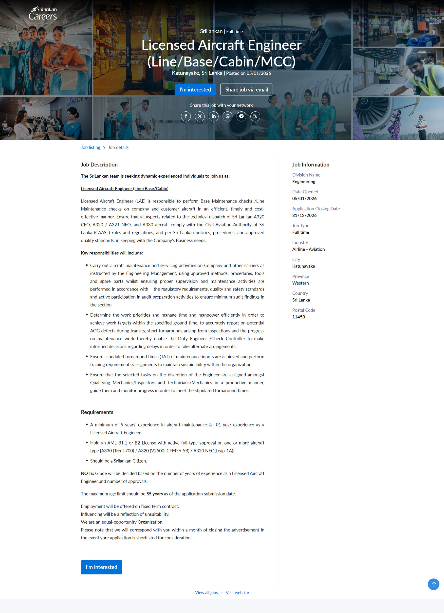 Licensed Aircraft Engineer (Line/Base/Cabin/MCC) - SriLankan Airlines ...