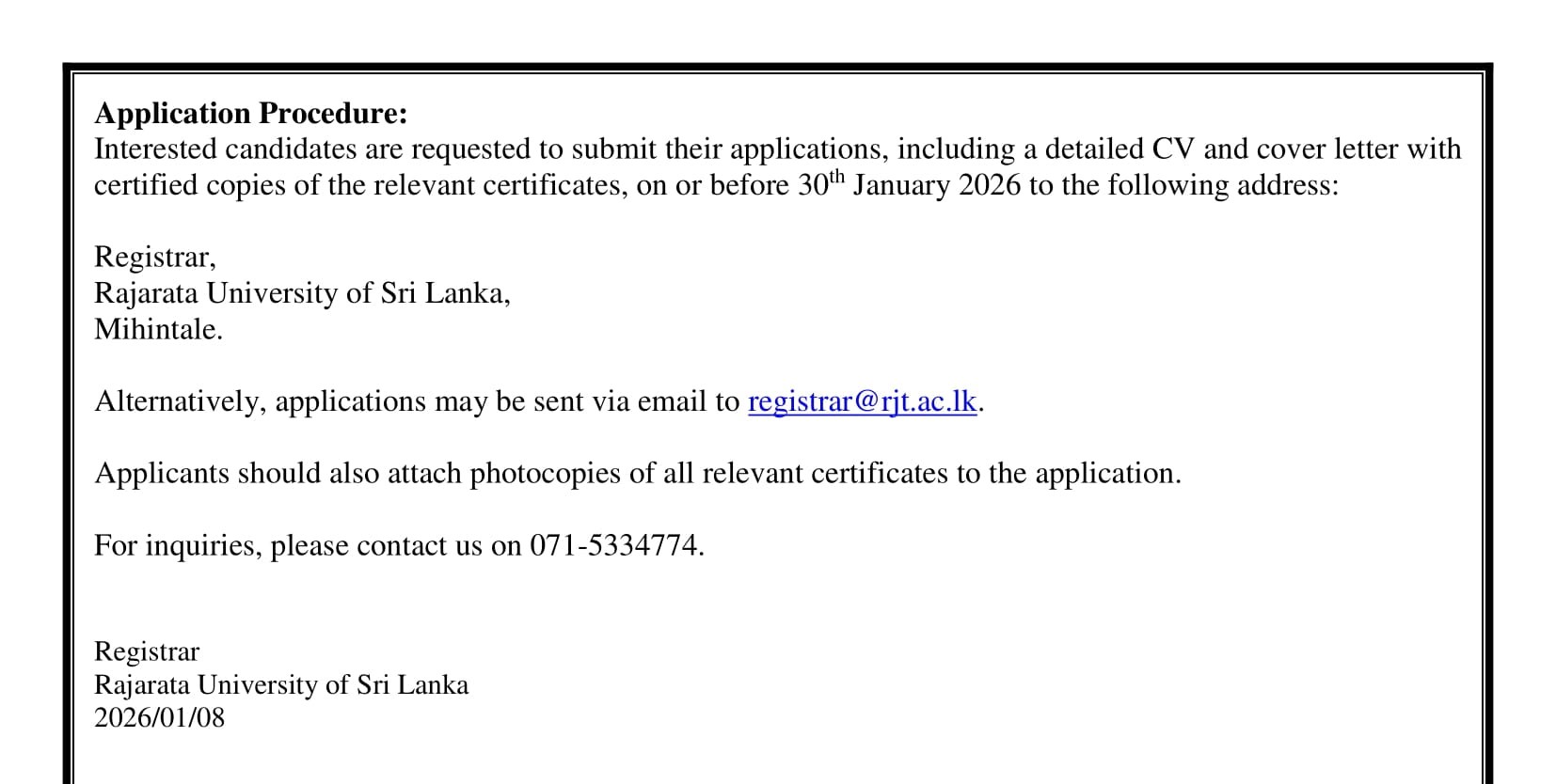 Temporary Assistant Network Manager - Rajarata University of Sri Lanka