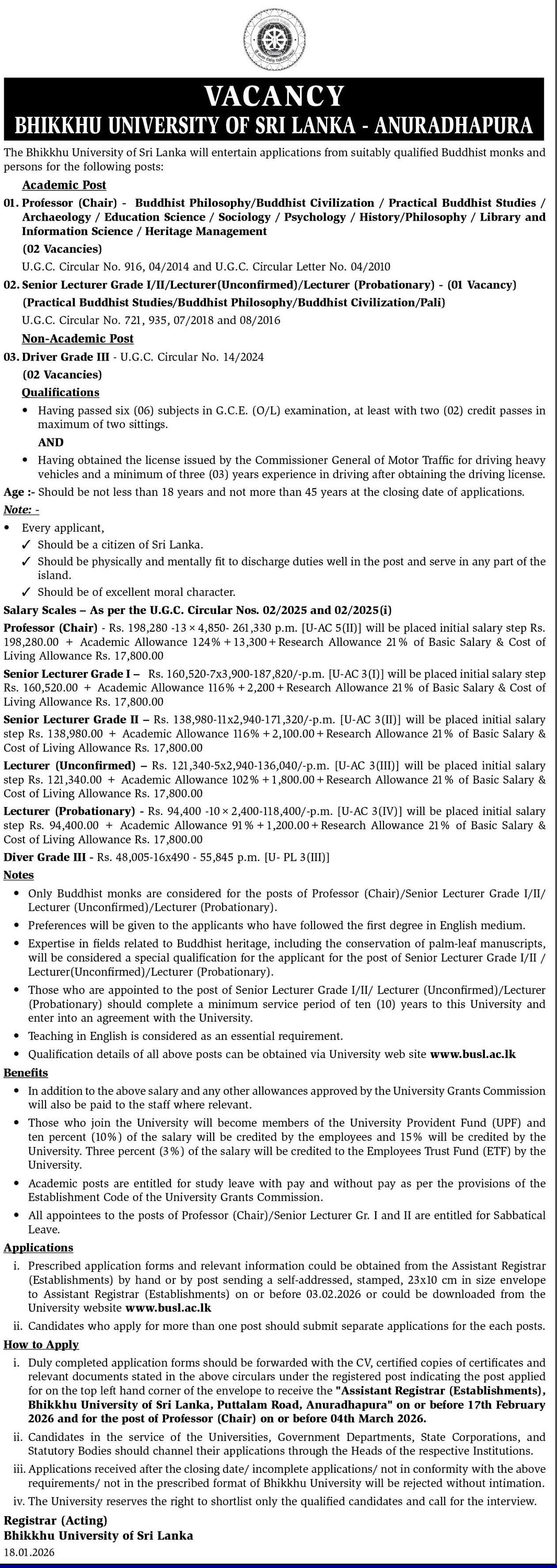 Professor, Senior Lecturer, Lecturer, Driver - Bhikkhu University of ...