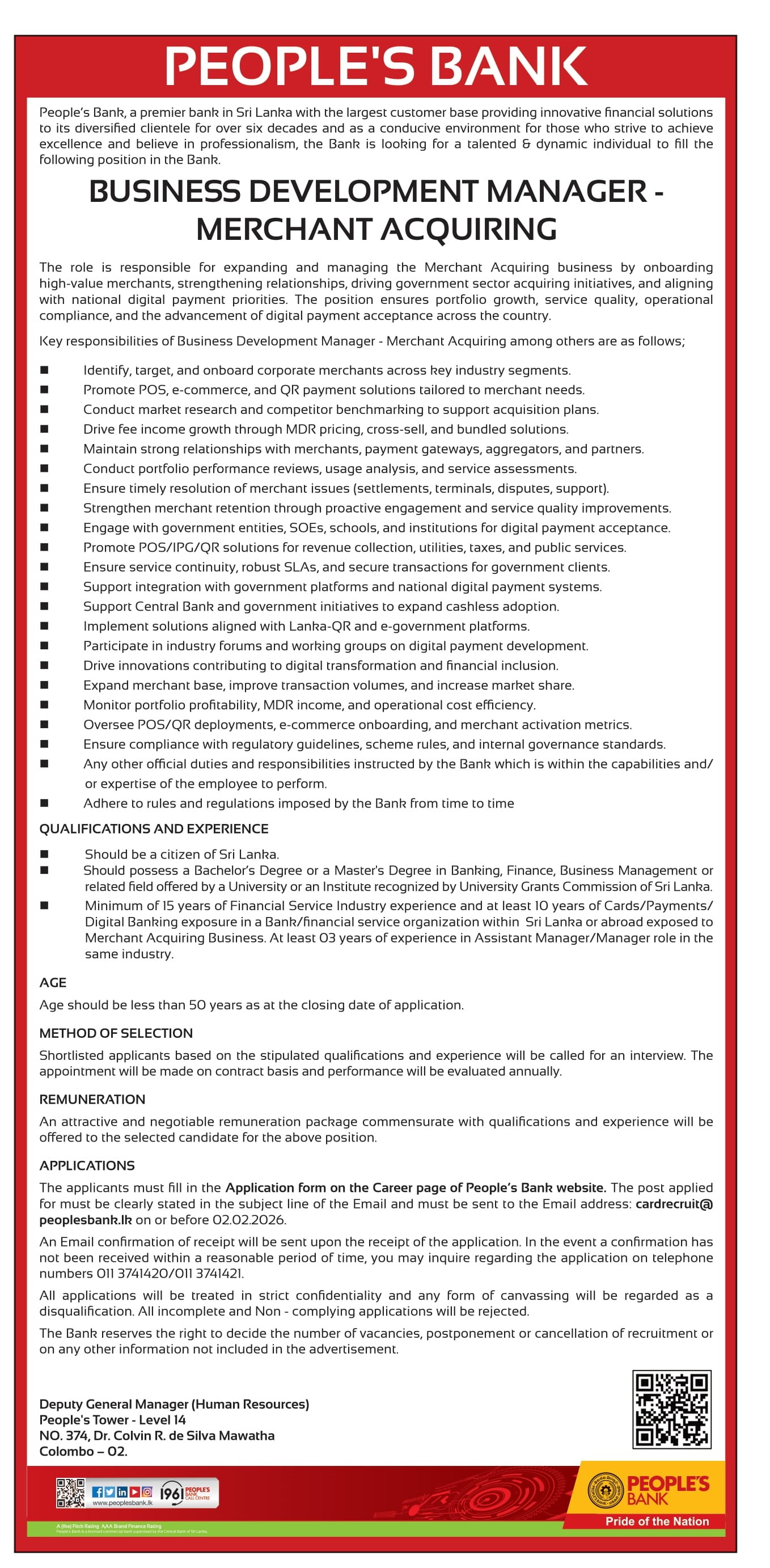 Business Development Manager (Merchant Acquiring) - People’s Bank