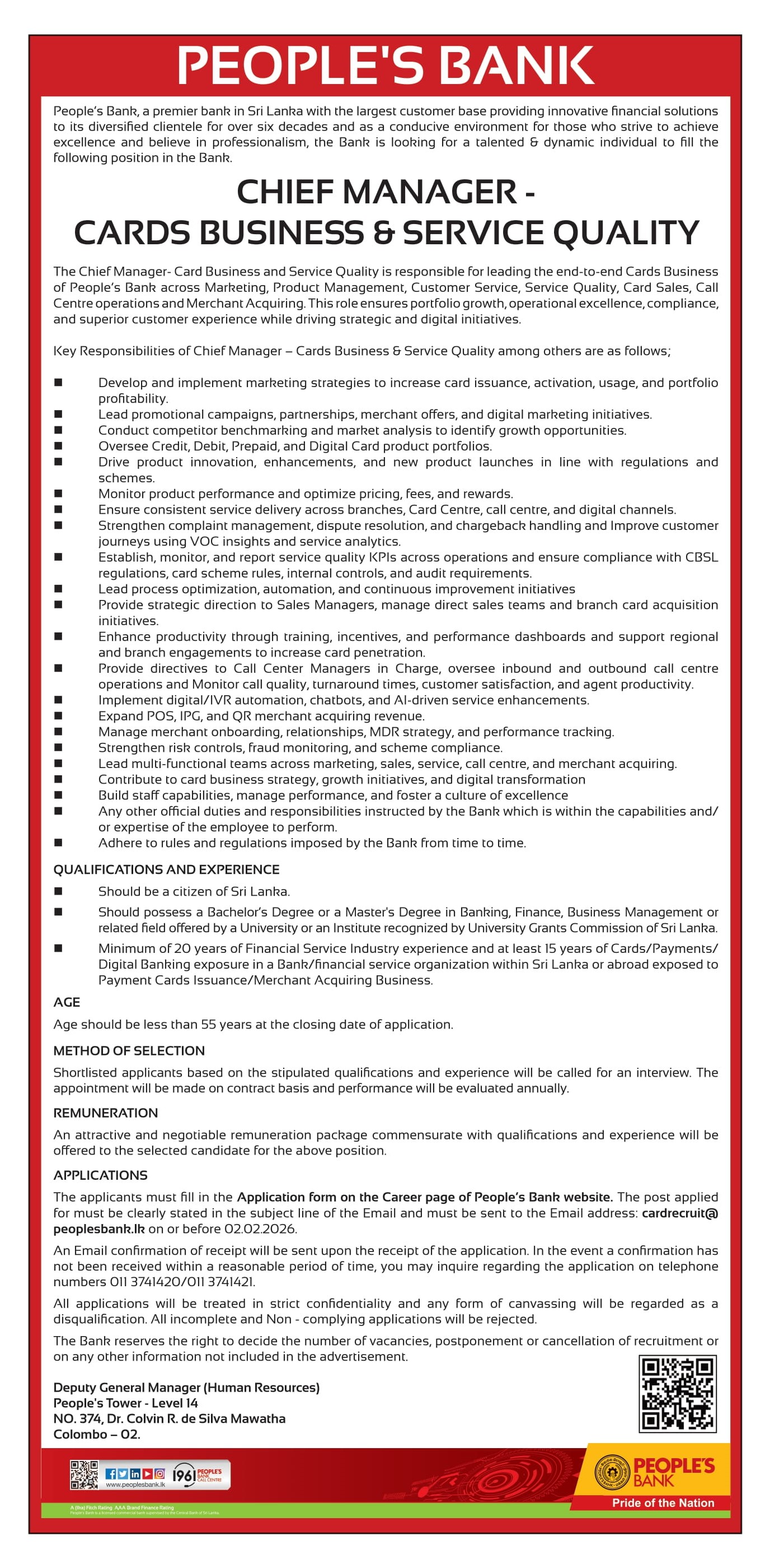 Chief Manager (Cards Business & Service Quality) - People’s Bank