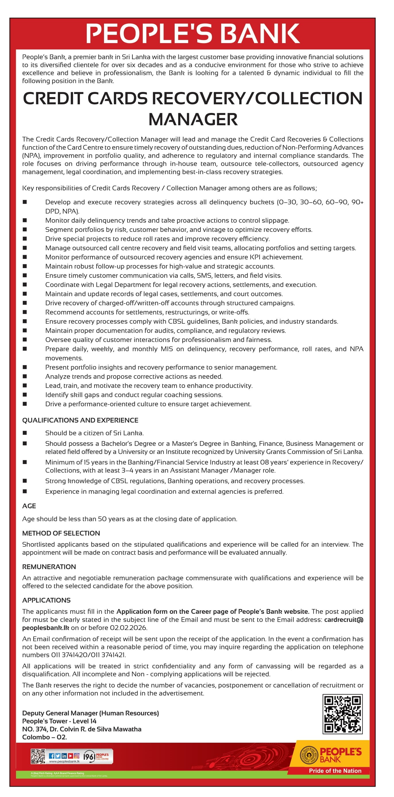 Credit Cards Recovery/Collection Manager - People’s Bank