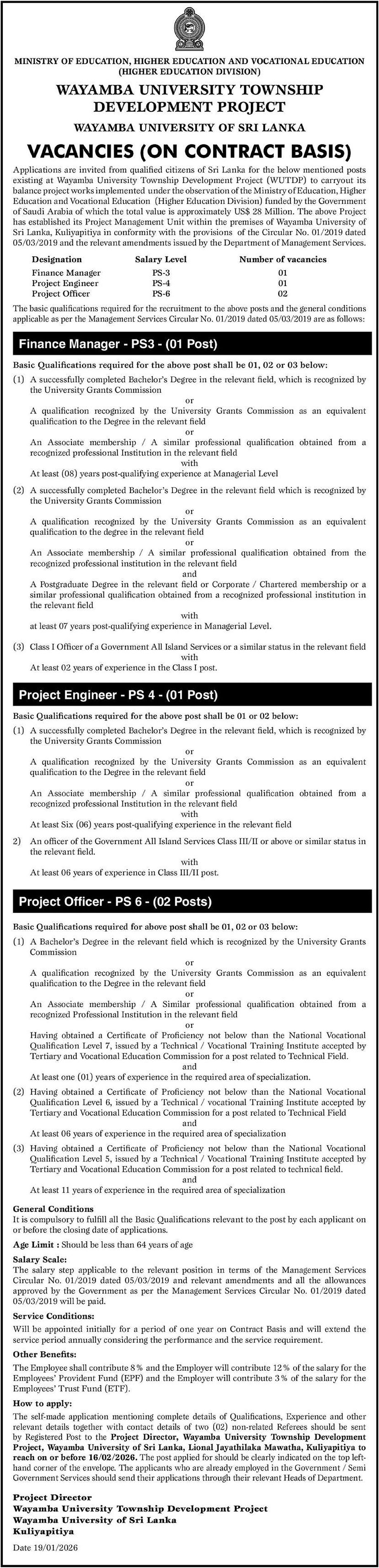 Finance Manager, Project Engineer, Project Officer - Wayamba University ...