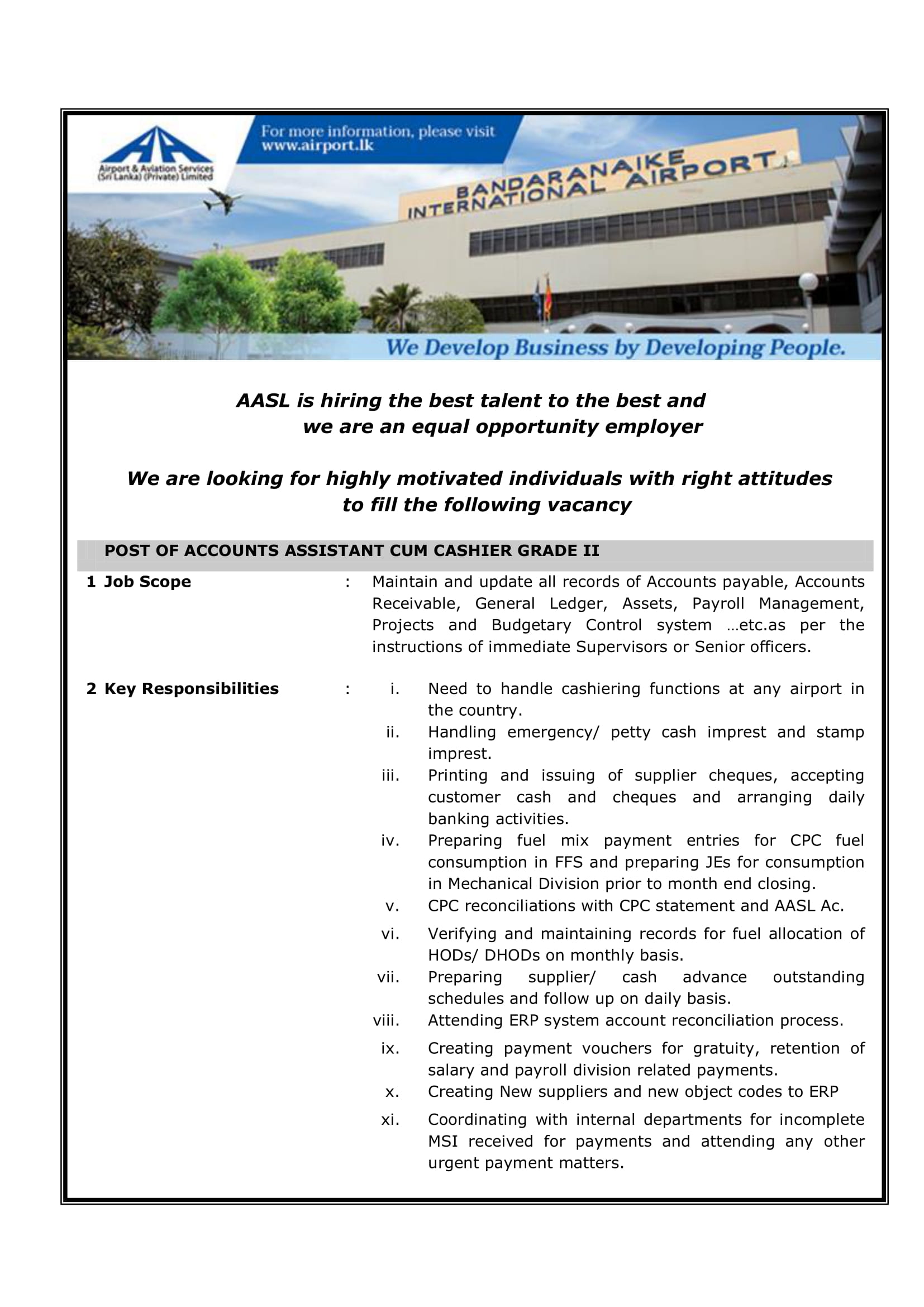 Accounts Assistant/Cashier - Airport & Aviation Services (Sri Lanka ...