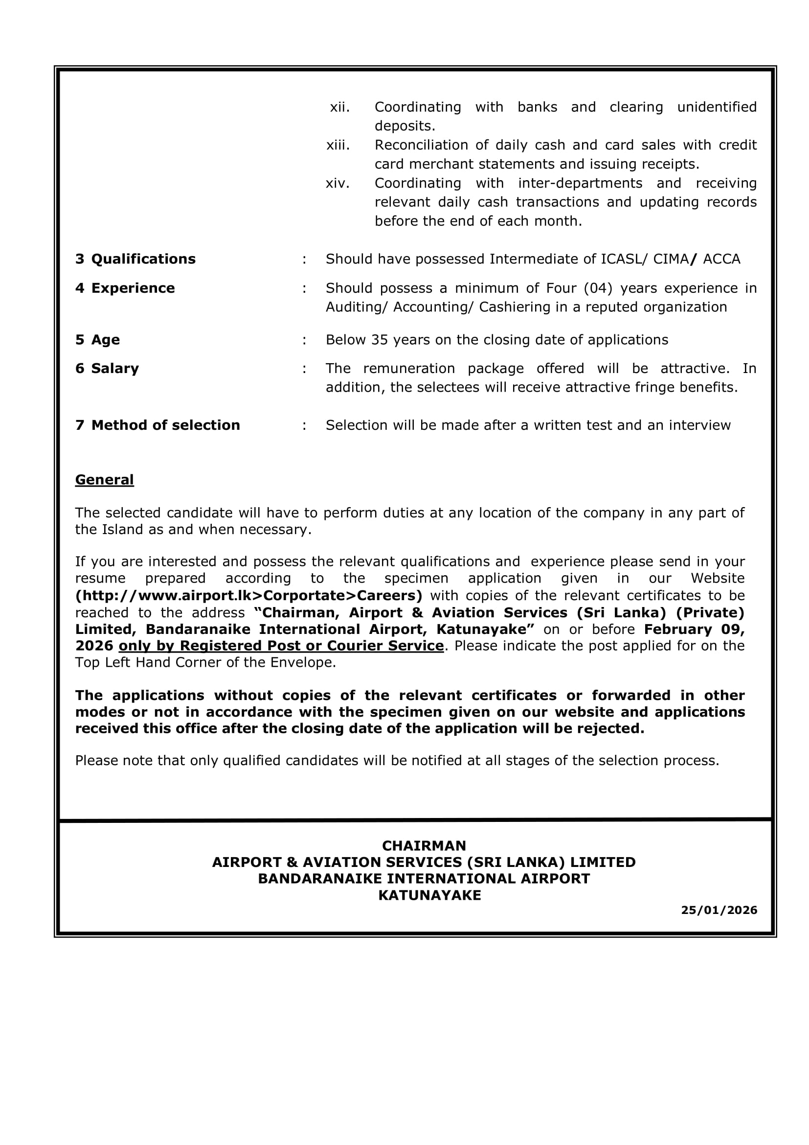 Accounts Assistant/Cashier - Airport & Aviation Services (Sri Lanka ...
