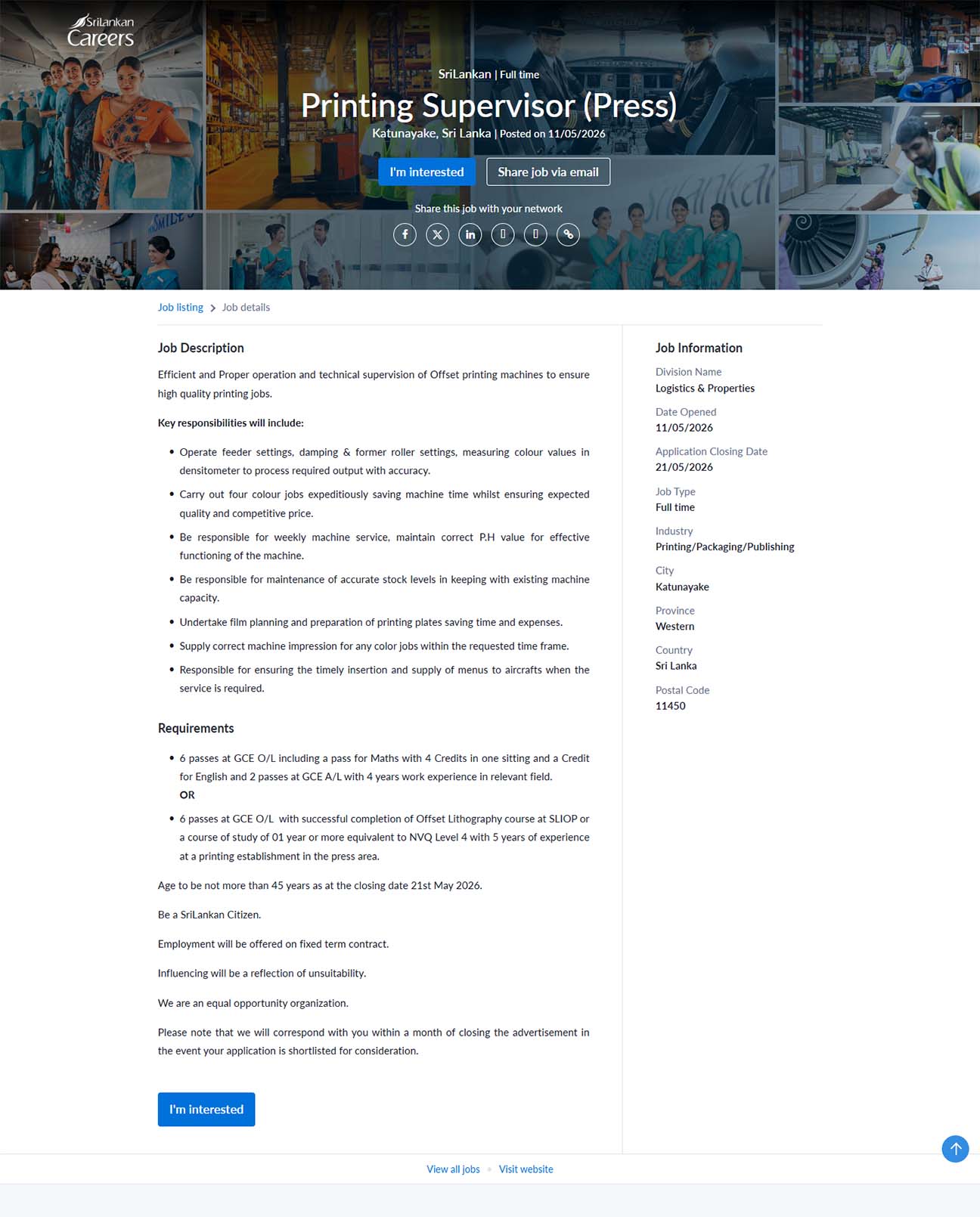 Printing Supervisor (Press) - SriLankan Airlines Limited