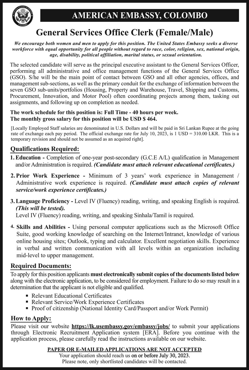 General Services Office Clerk - Male/Female - American Embassy, Colombo