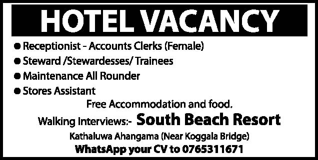 Receptionist,Stores Assistance - South Beach Resort